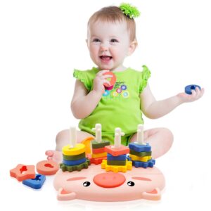 huyichen montessori toys for 18+ months old - toddlers wooden sorting and stacking toys for baby boys and girls - shape sorter and color stacker preschool kids wood gifts