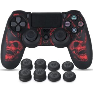 yorha laser carving silicone skin for ps4 controller x 1(skulls red) with exclusive thumb grips x 8