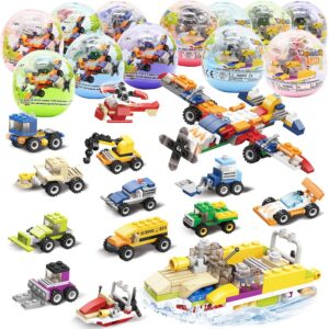 12pcs pre filled easter eggs with mini buildable vehicles building blocks, car egg surprise toy for easter egg hunt, easter basket filler, easter basket stuffers, easter party favors school prize toys