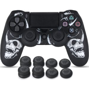 yorha laser carving silicone skin for ps4 controller x 1(skulls white) with exclusive thumb grips x 8