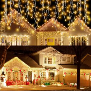 378led icicle christmas lights outdoor decoration 29.5 ft 8 modes 60 drops christmas fairy string curtain lights christmas decoration eaves window holiday yard garden indoor home (warm white)