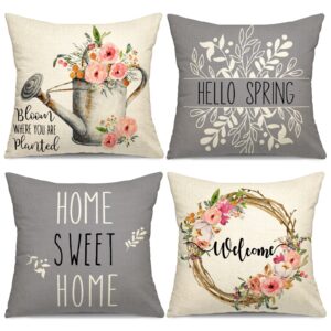 ygeomer farmhouse pillow covers 18x18 set of 4, gray spring pillow covers, farmhouse flower decorative summer throw pillow covers, outdoor home decor