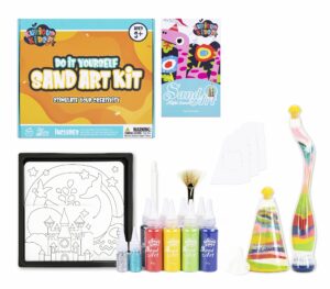 sand art kit for ages 3 to 10 - everything kids need for fun diy crafts - 16 sand peel&sprinkle pictures, 2 sand art bottles, 8 jars of colored sand, 2 jars of glitter, 1tray, funnel, brush & art tool