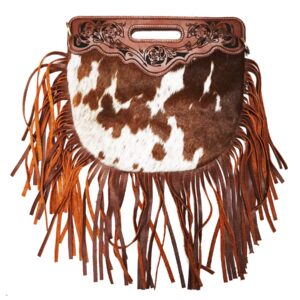 bonanza leathers women's cowhide handbag crossbody shoulder leather bag with fringes button closure h8 (brown)