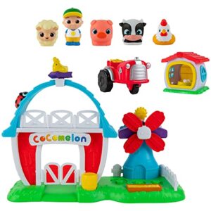 cocomelon petting farm playset - features a farmer figure jj, barn animals, barn facade with windmill, hen house, tractor - sounds and phrases - musical -toys for kids, toddlers, and preschoolers