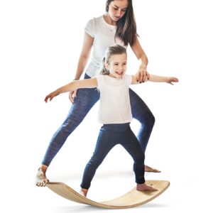 goplus wobble board, 35inch wooden balance board for kids & adults support 660lbs, toddler open-ended learning toy yoga curvy rocker board for balance training, home exercise (15.5 inch width)