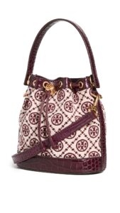 tory burch women's t monogram chenille bucket bag, claret/new cream, red, graphic, one size