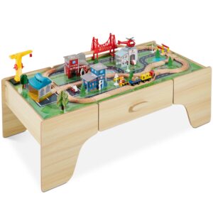 best choice products large 50in 35-piece train table, multipurpose wooden toy activity playset for children w/tracks, reversible top - natural