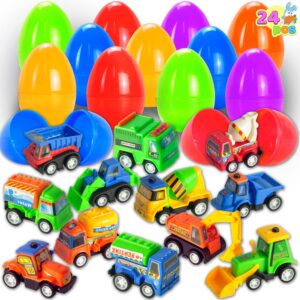 joyin 24 pcs prefilled easter eggs 3.2'' with toy cars, pull back construction vehicles and mini truck toy kit set for kids boys easter theme party favor, easter eggs hunt and basket stuffers filler