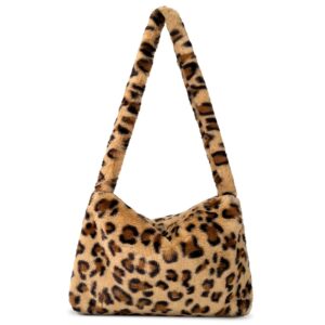 fuzzy tote bag y2k fluffy shoulder bag women furry purse large cute plush bag ladies faux fur bag for autumn and winter (leopard)