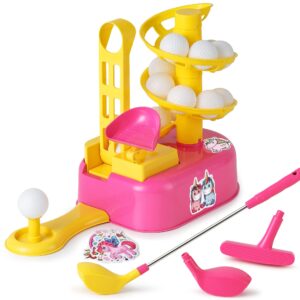 iplay, ilearn golf toys set for 3 4 year olds girl, toddler outdoor sport gift, kids pink outside playset w/left right club head 15 balls unicorn sticker, active birthday gifts for age 5 6 7 8 child