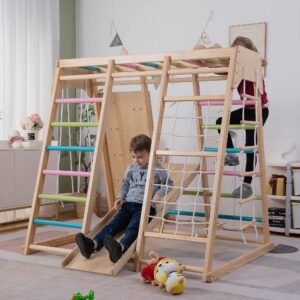 avenlur magnolia indoor playground 7-in-1 jungle gym playset for kids 2-6yrs - slide, climbing wall, rope wall climber, monkey bars, swing - waldorf and montessori style wooden climb set. usa company.