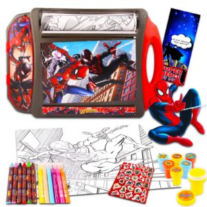 classic disney marvel spiderman art desk set - bundle with spiderman lap desk with coloring pages, coloring utensils, stickers and more (superhero arts and crafts), spiderman artwork