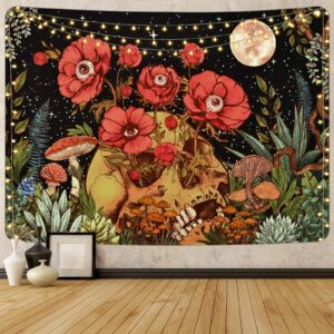 uspring skull floral tapestry flowers skeleton tapestry moon garden tapestry mushroom plants tapestry trippy vintage tapestry wall hanging for room (59.1 × 82.7 inches)