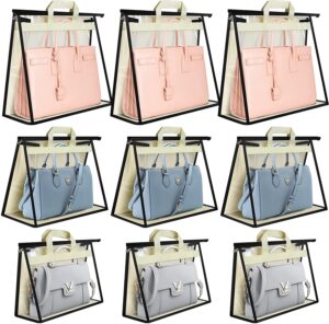 fadoty 9 packs dust bags for handbag storage organizer clear purse organizer for closet purse storage hanging closet organizer with zipper handles, beige