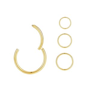 meiziql 3pcs 20g nose rings hoop gold hinged clicker small nose hoop surgical steel cartilage earring hypoallergenic body piercing jewelry for women men (20g gold 6mm 8mm 10mm)