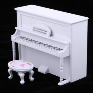 dollhouse grand piano model with stool 1:12 scale miniature musical instrument desk ornaments gift wooden elegant mini house decoration artificial house furniture accessories (white)