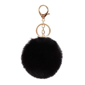 pom pom keychains colorful faux rabbit fur ball keychain car key ring soft plush pompoms handbag keyring charm-black