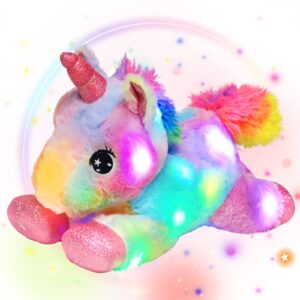 easfan led unicorn plush light-up stuffed animal with colorful night lights glow in the dark birthday festival for kids toddlers girls rainbow,10”