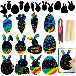 gomanche 48 pcs easter scratch crafts for kids, rabbit bunny carrot easter egg rainbow scratch paper ornaments with wooden stick and ribbon for easter party favors