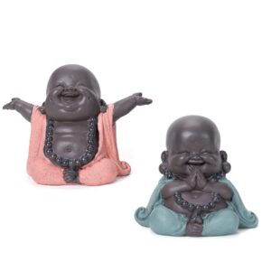 wgfkvas 2 pcs buddha statue, laughing buddha smiling little buddha ceramic buda statue little monk figurine cute baby buddha for home office car decors gift crafts and arts