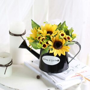 takefuns artificial sunflowers and metal kettle potted, artificial sunflowers bouquet in pot bonsai, for home office garden party wedding table decor