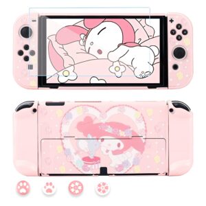 gldram dockable protective case for nintendo switch oled, cute anime rabbit case cover compatible with switch oled console and joy con, hard pc pink skin accessories with thumb caps & screen protector