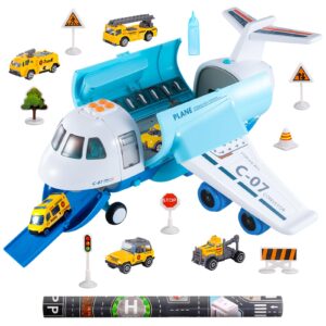 bennol spray airplane toys for boys, large transport cargo airplane with 6 construction vehicle 10 road signs 1 play mat with lights sounds, christmas birthday gifts for 3 4 5 6 7 8 year olds boys