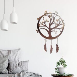 topretty tree of life metal art sculpture, wall hanging tree silhouette decor with 3 leaves, tree life metal hang wall artwork plaque for balcony porch living room garden bedroom office, 11'' x 11''