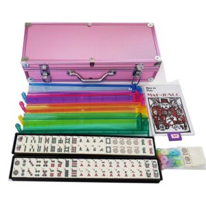 omura games | mah jong set in pink aluminum case with pushers | bonus: multi-purpose #10 size pouch (color may vary)