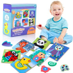 ginmic wooden puzzles for toddlers, boys & girls educational preschool toys gift with 6 animals patterns, puzzles for 3 year olds.