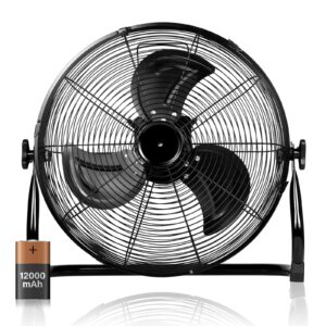 simple deluxe 12 inch battery operated floor fan, rechargeable powered high velocity fan with metal blade, portable cordless floor fan for outdoor, camping, travel