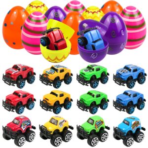 halogate easter eggs fillers easter basket stuffers, 12 pcs plastic easter eggs with pull back cars inside, easter egg surprise filled toy vehicles for kids gifts party favors easter eggs hunt