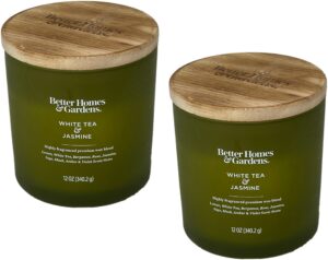 betterhomes&gardens better homes and gardens 12oz scented candle, white tea and jasmine 2-pack, olive green, 12oz (329g) x 2 [excluding glass jar weight] (44220)