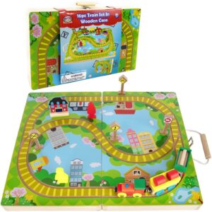 matty's toy stop 16pcs wood train set in play and carry case