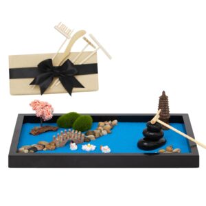 zen garden - zen garden decor for desk, 12.6x7.9'' zen garden for home, office desktop accessories, mini zen garden kit for relaxation and meditation (blue)