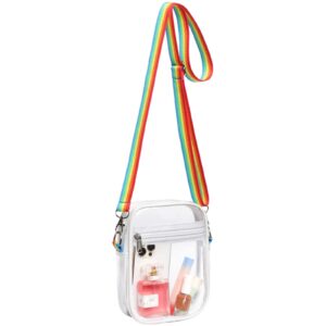 f-color clear bag stadium approved, clear purse for concerts sports events festivals, clear bags for women with adjustable rainbow strap, white