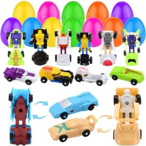 12 packs easter eggs filled with deformation cars toys, 2.8" plastic surprise eggs prefilled with transform car robot toys for kids easter egg hunt, easter basket filler, easter party favor event