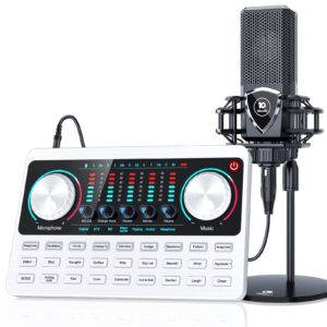 podcast equipment bundle, tenlamp q8 podcast microphone with sound board voice changer mixer controller, studio live sound card kit for pc smartphone recording live streaming