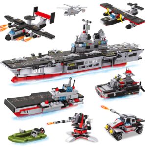 1161 pieces aircraft carrier building blocks set, 13 in 1 military battleship model building toy kit with armored tank, fighter, patrol boat & cannon roleplay stem construction toys gift for kids 6+