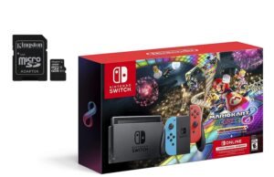 nintendo switch mario kart 8 deluxe accessories bundle with neon blue & neon red joy-con & 32gb sd card