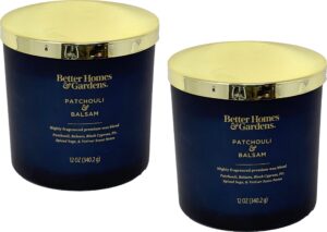 better homes and gardens 12oz scented candle, patchouli and balsam, 2-pack gold metal lid