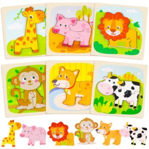 nitoy wooden animal jigsaw puzzles for kids, montessori educational building block toys vivid color shapes for 36 month+ preschool stem early learning games gift for boys and girls age 3+ (6 animals)