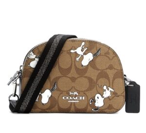 coach, inc x peanuts mini serena crossbody in signature canvas with snoopy print, silver/khaki multi