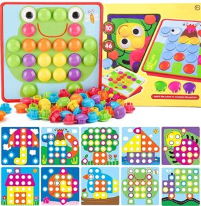 58 pcs button art toys for toddlers,toddler activities crafts for toddlers 2-4 years,color matching mosaic pegboard early learning educational toys,include 12 pictures and 46 buttons with box