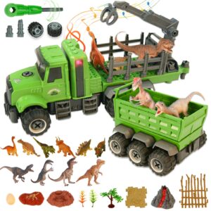 ltkfffdp boy toys car toys for boys girl 5 6 8 9 10 12 year old with 10 dinosaur figures, take apart construction truck building toys with sound light, learning birthday carrier vehicle playset gifts