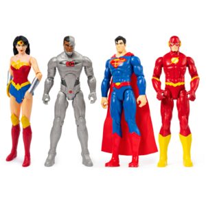 dc comics 12-inch action figure 4-pack with superman, the flash, wonder woman and cyborg, kids toys for boys and girls ages 3+