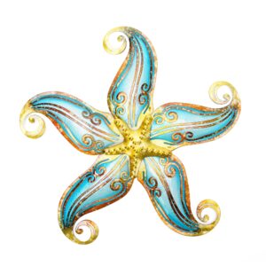 poxoho metal starfish wall decor, sea life coastal decorations 12 inch starfish wall art, nautical home decoration handing ocean beach wall art for garden,fence,home,patio,kitchen,bathroom,(blue)