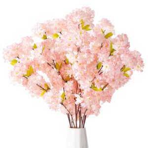 floralsecret artificial cherry blossom flowers 4 branches, 42.25 inch in white silk cherry blossom for home garden wedding table centrepiece party event spring decor