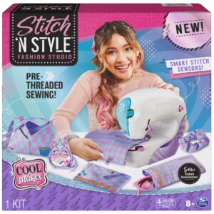 cool maker, stitch ‘n style fashion studio, pre-threaded sewing machine toy with fabric and water transfer prints, arts & crafts kids toys for girls